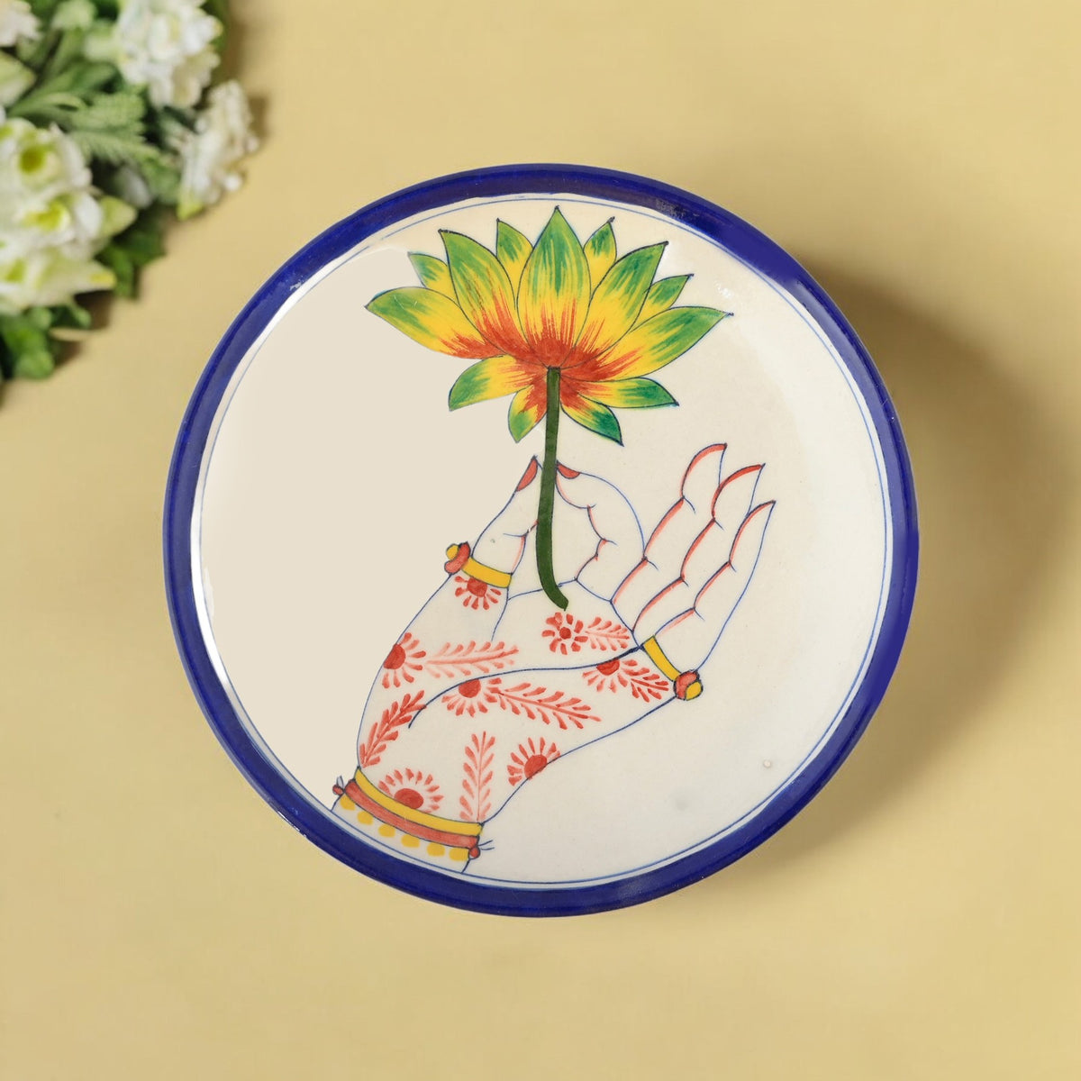 Blue Pottery Hand & Floral Pattern Decorative Plate—Ivory and Blue—8 ...