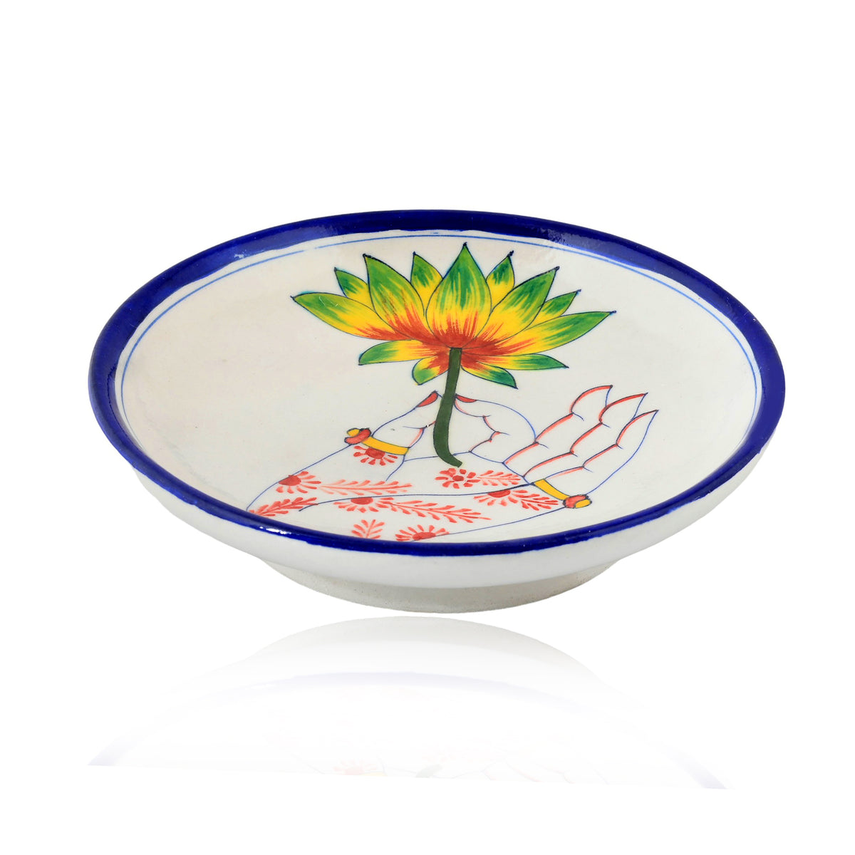 Blue Pottery Hand & Floral Pattern Decorative Plate—Ivory and Blue—8 ...