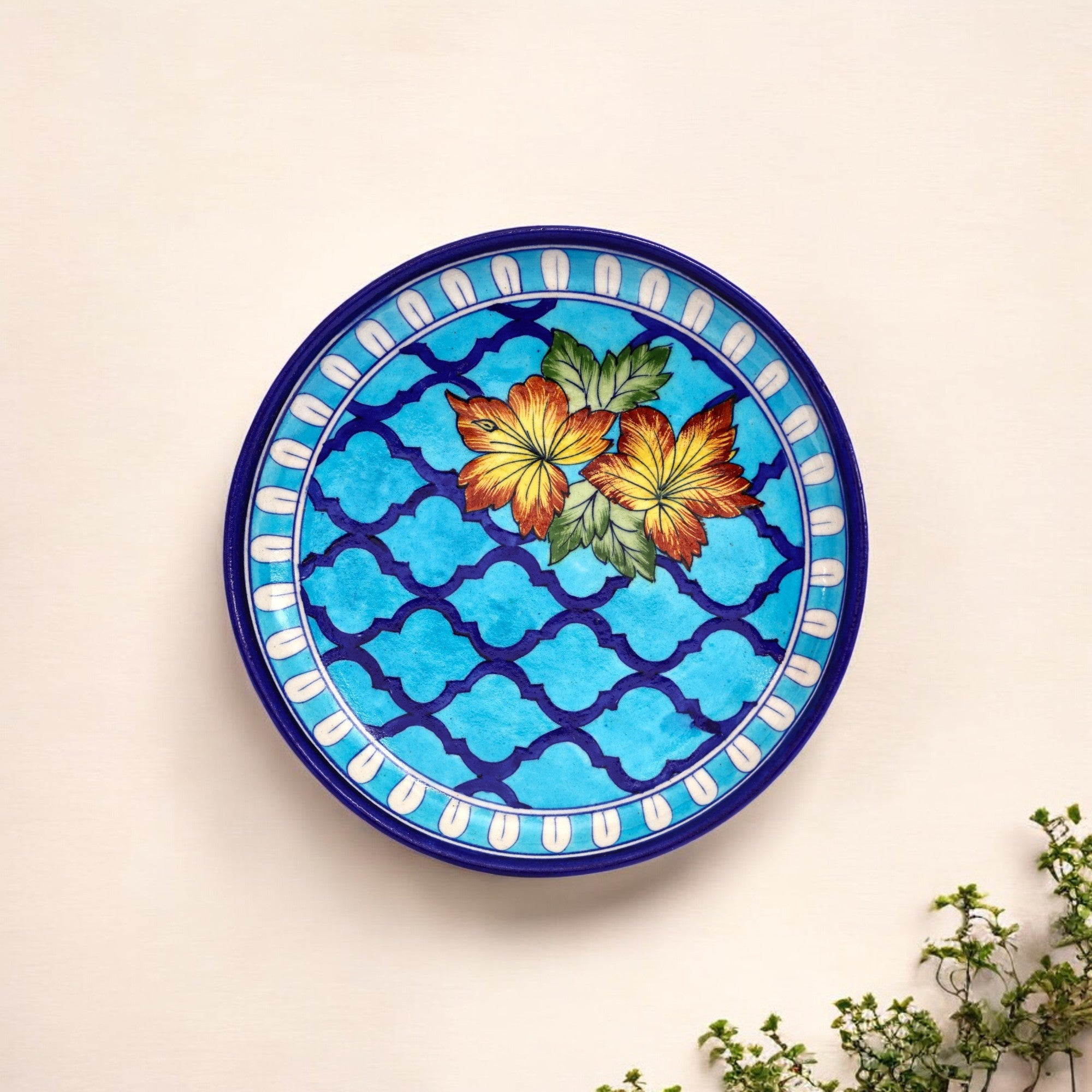 Handcrafted Blue Pottery Floral Decorative Plate—Blue – Natriel