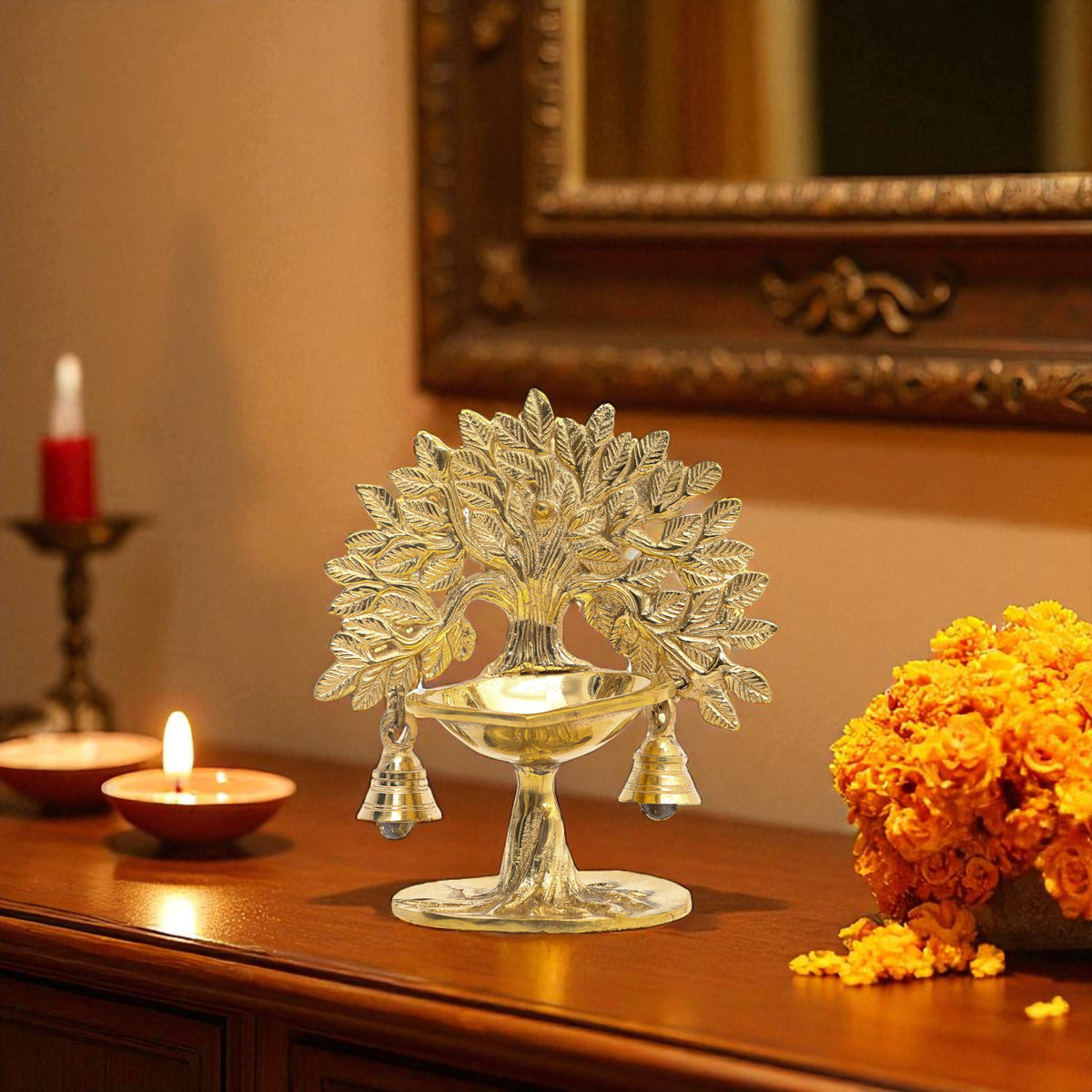 Handcrafted Brass Akhanda Diya Tree with Bells – Spiritual Decor Item ...