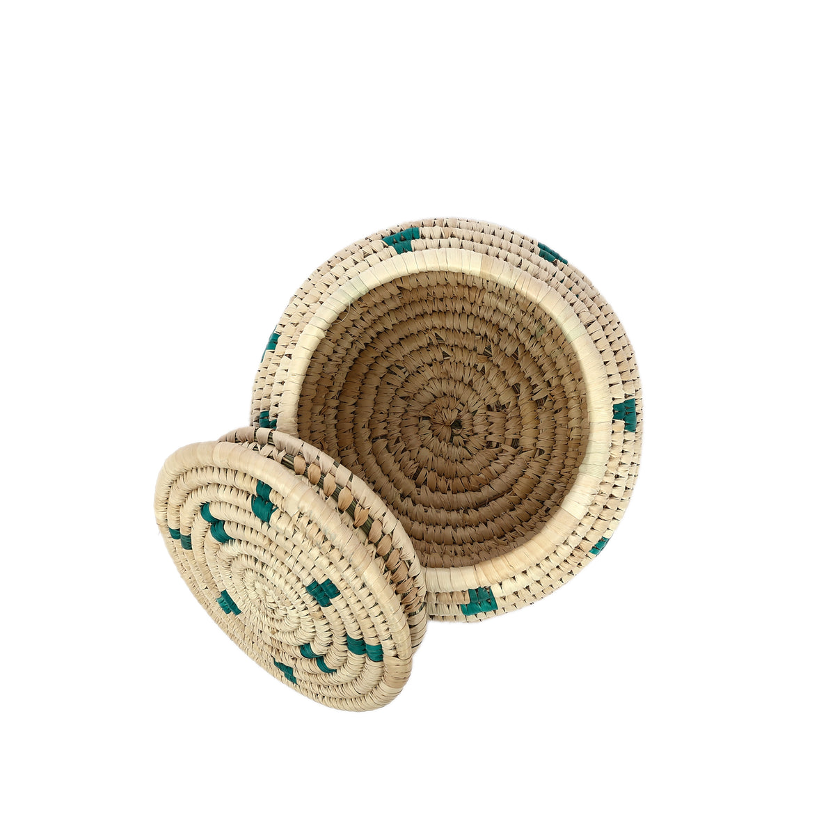 Handcrafted Sabai Grass Round Storage Box—Beige and Teal – Natriel