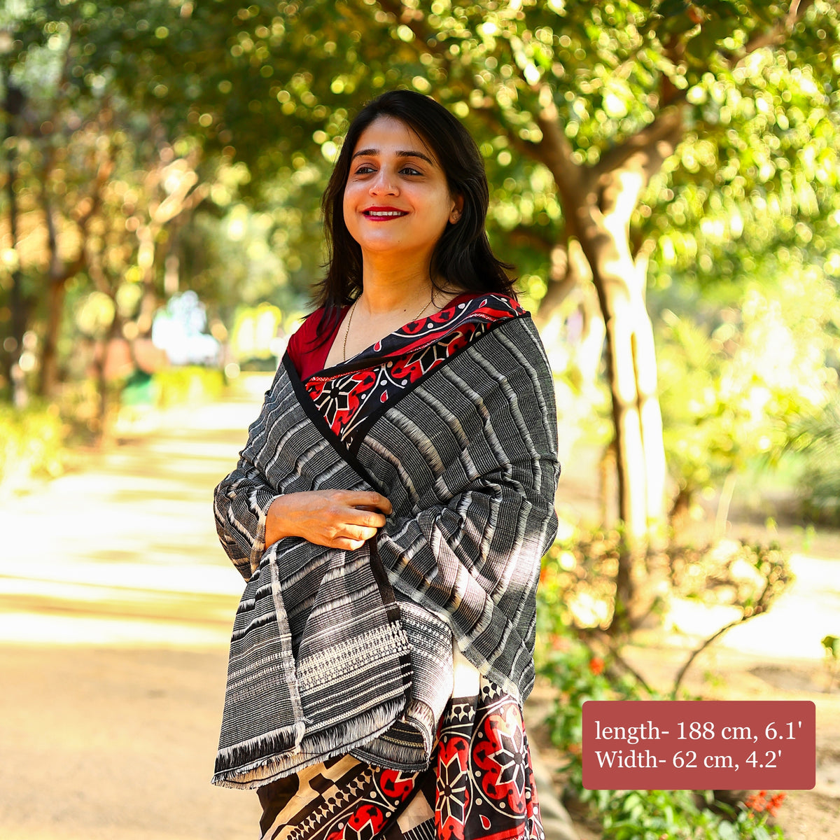 Handwoven Black and Grey Kutchi Bhujodi Stole—Stripe Pattern – Natriel