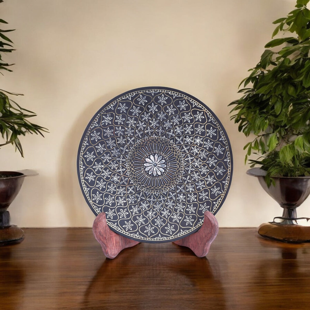 Large Bidri Art Decorative Plate - Silver & Gold inlay work – Natriel