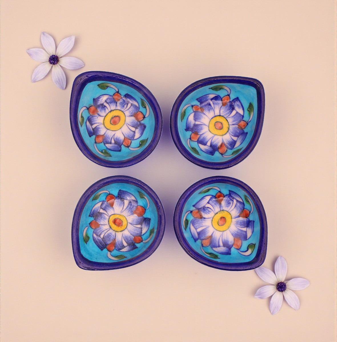 Leaf-Shaped Handcrafted Turquoise & Deep Blue - Blue Pottery Diyas Set ...