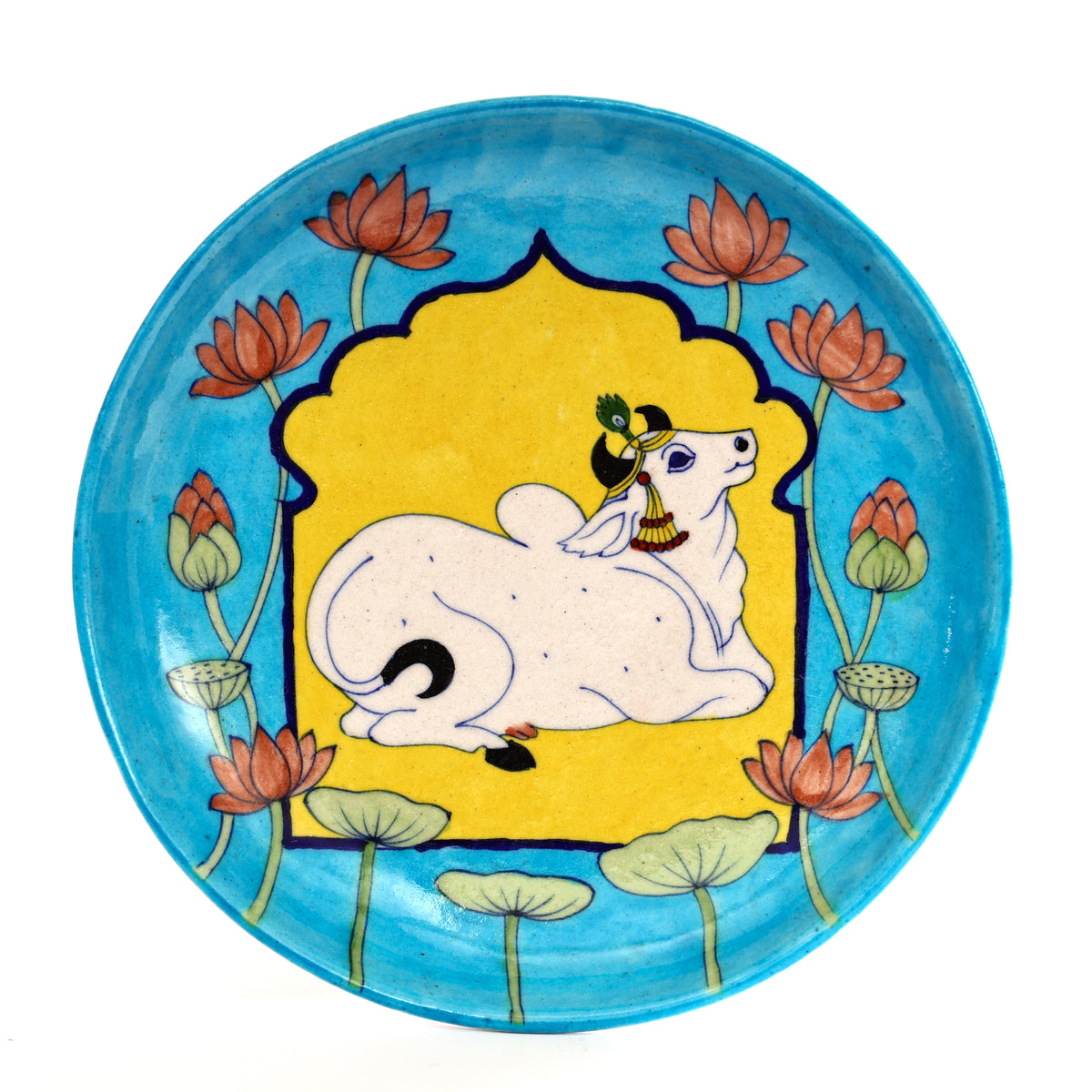 Nandi-Bull Inspired Handcrafted Blue Pottery Decorative Plate – Natriel