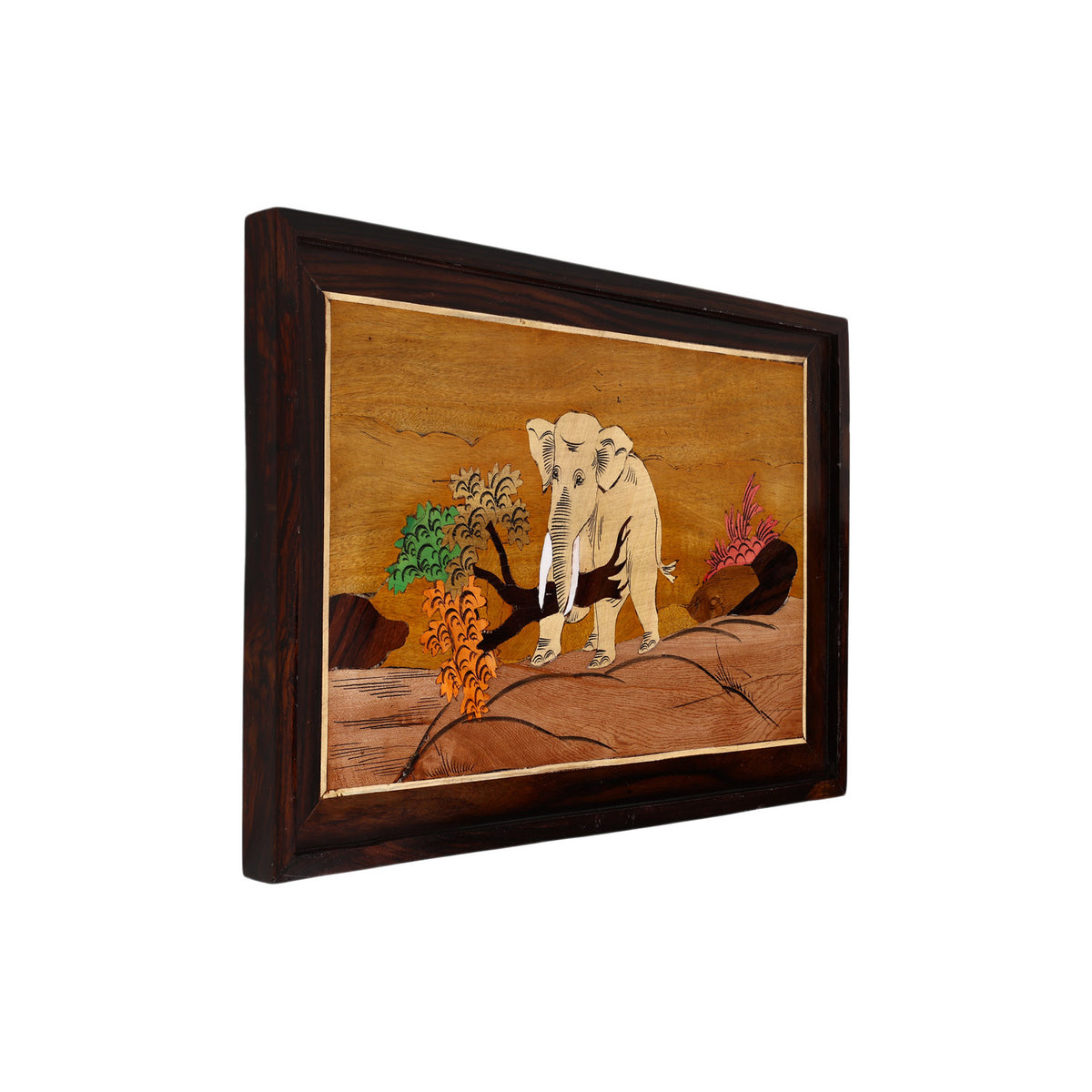 Mysore Inlay Rosewood Painting of Elephant Carrying a Tree Branch – Natriel