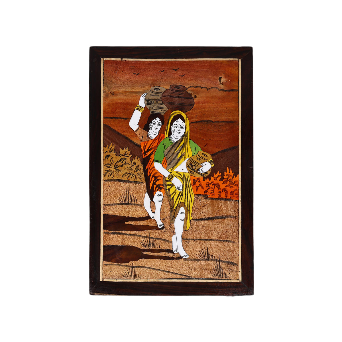 Wooden Mysore Inlay Painting of Rural Women Carrying Pots – Natriel