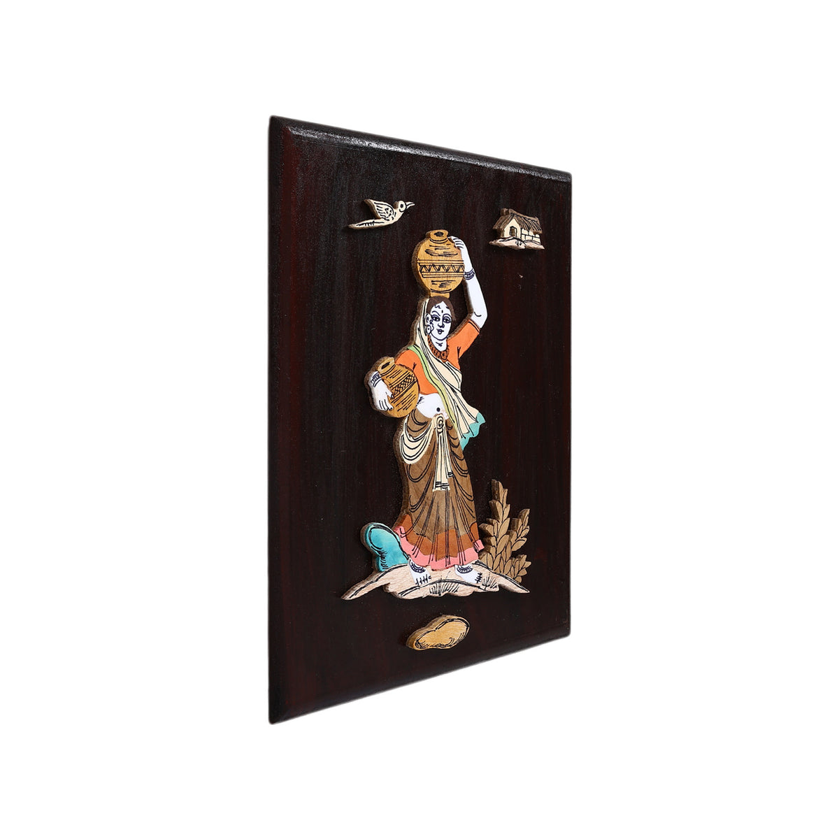 Wooden Mysore Inlay Painting of a Rural Woman Balancing Pots of Water ...